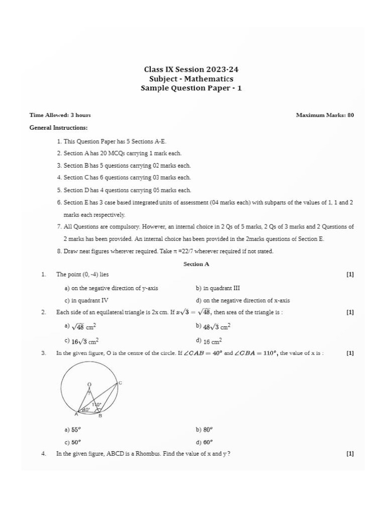 Class IX Math Paper-1 For Revision - Full Portions | PDF