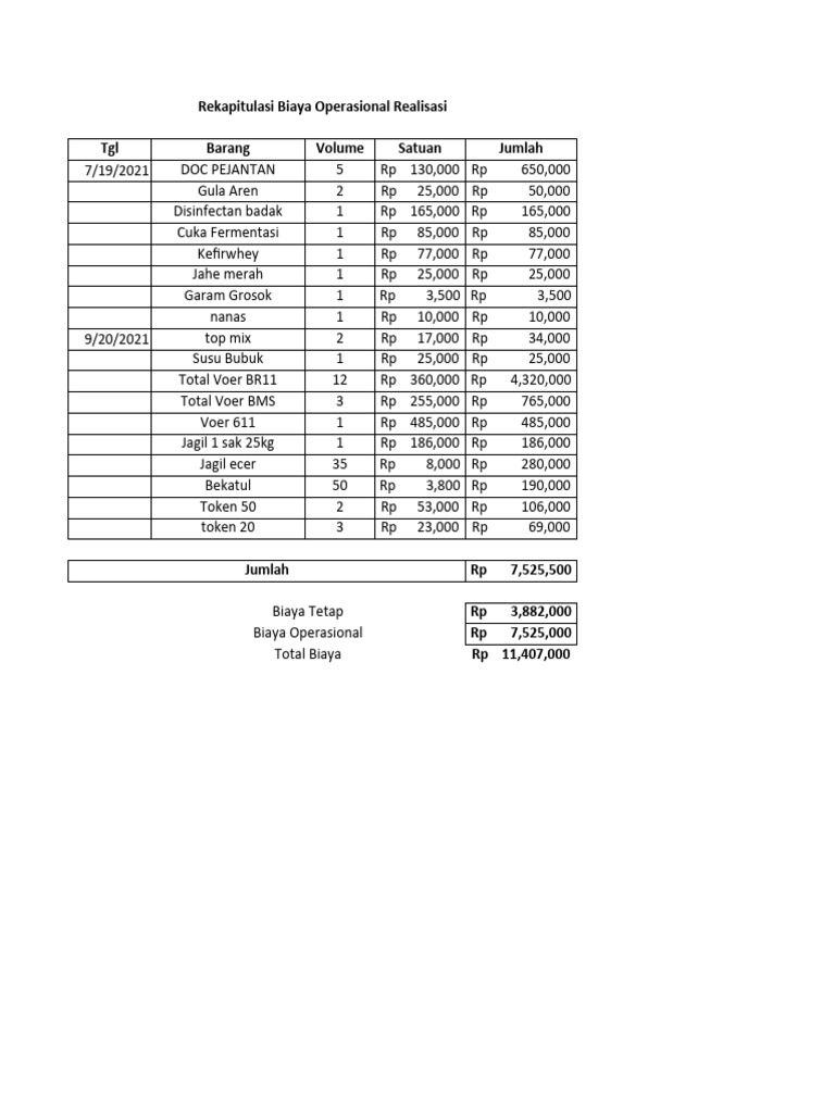 Rekapitulasi Biaya Operasional Realisasi Dan Estimasi | PDF