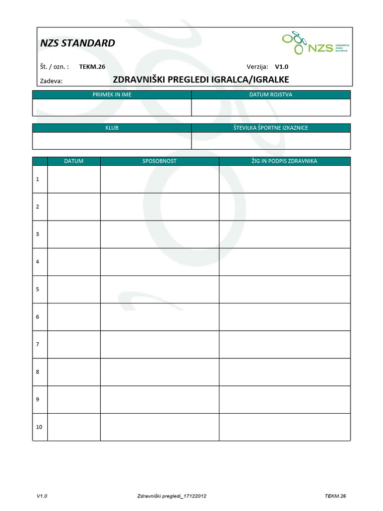 Obrazec Zdravniški Pregledi - NZS | PDF