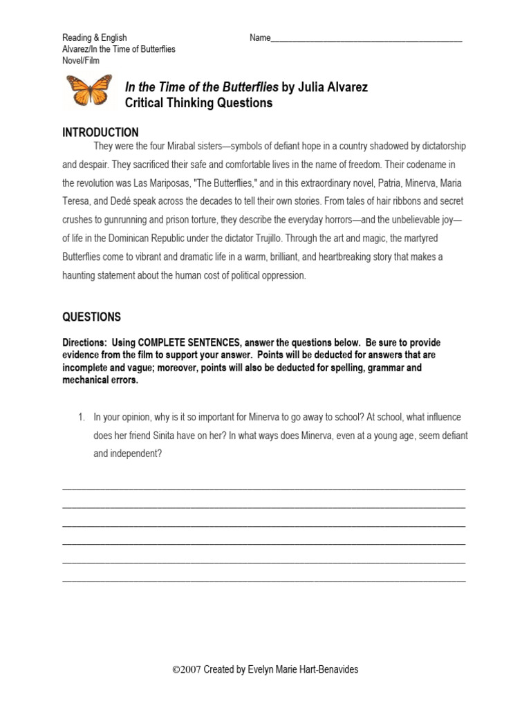 Critical Thinking Questions: in The Time of The Butterflies by Julia ...