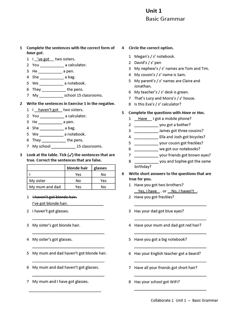 COL - TRB 1 - Basic - Grammar Unit 1 | PDF