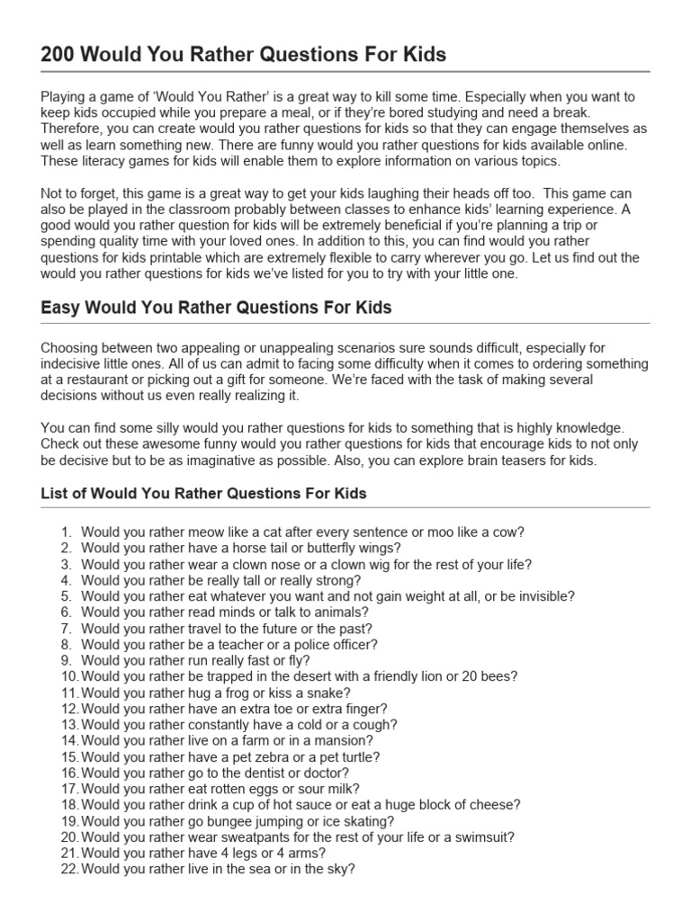 200 Would You Rather Questions For Kids | PDF