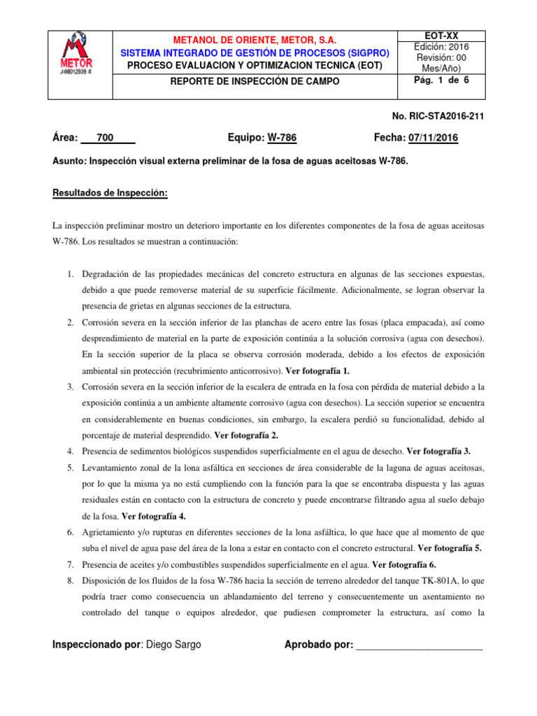 Inspección Fosa Aguas Aceitosas W-786 | PDF | Agua | Corrosión