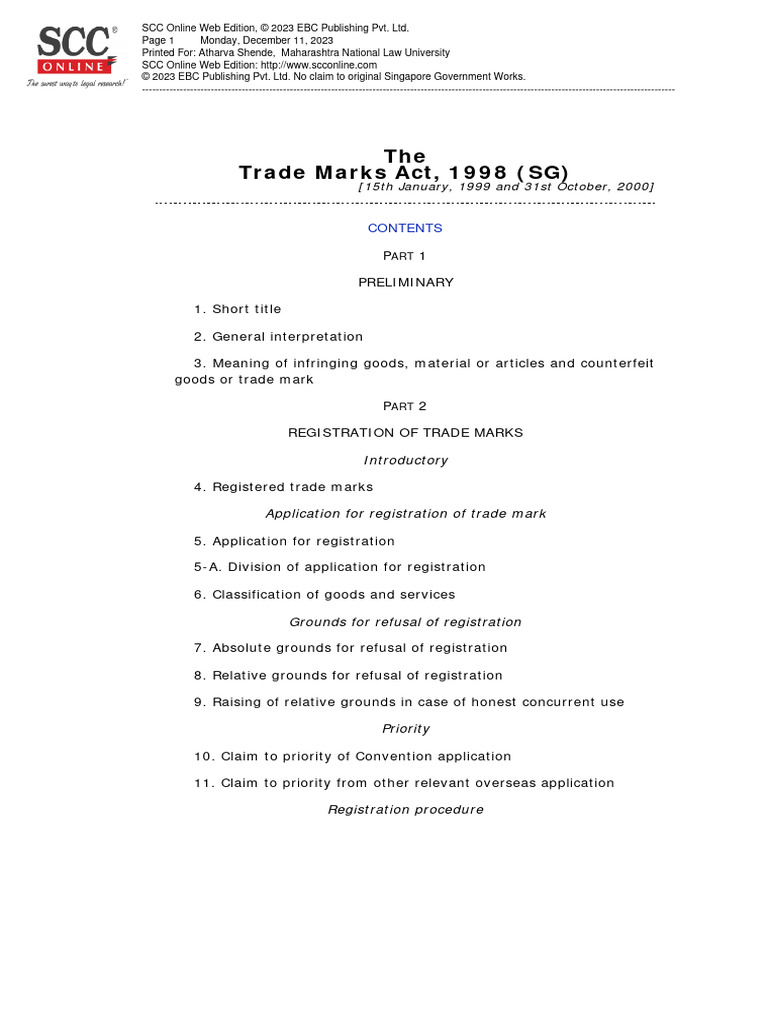 Trade Marks Act 1998 SG 000100 1999 Trade Marks Act 1998 Atharvashende ...