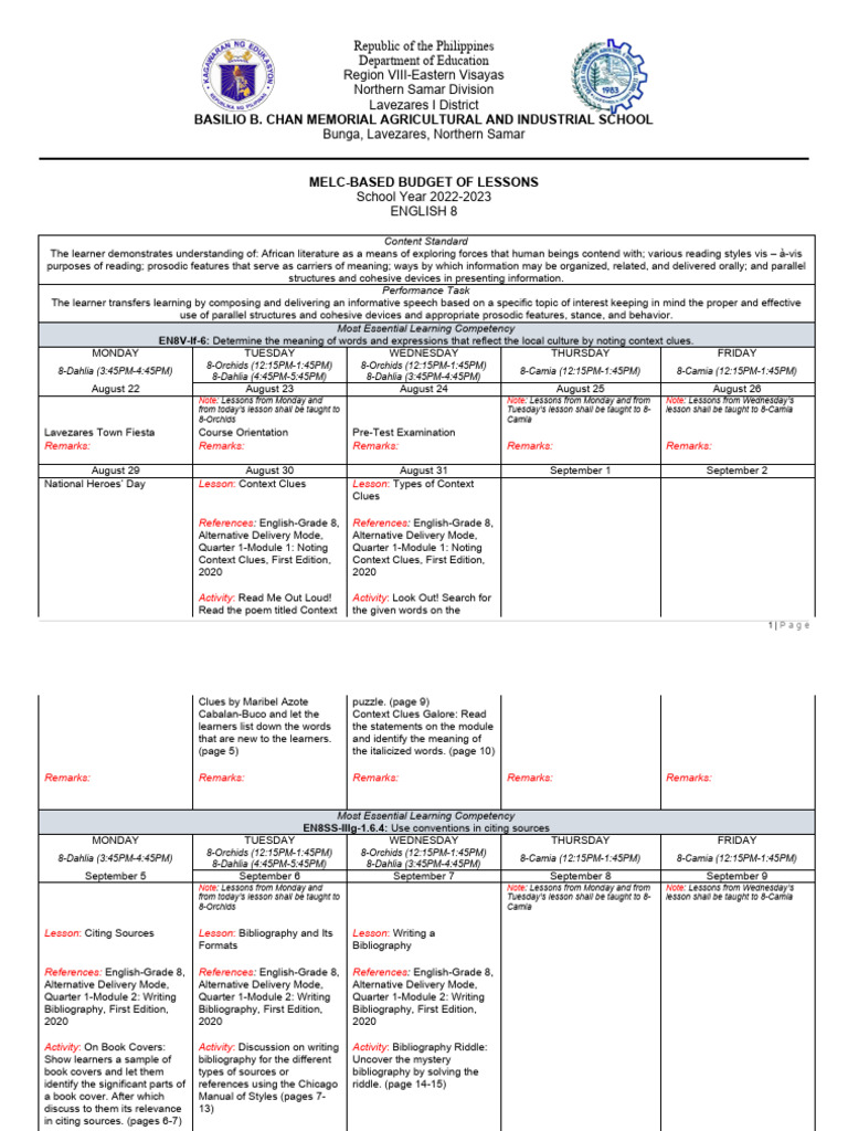 Budget of Lessons English 8 | PDF | Adverb | Verb