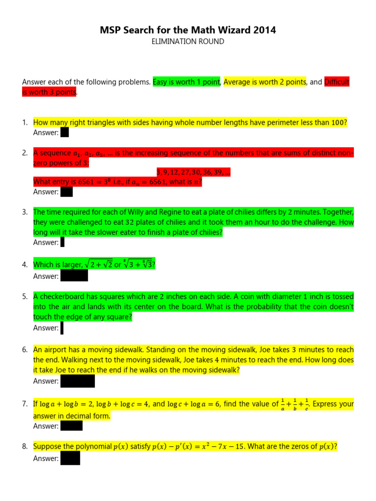 MSP Math Wizard Elimination Round 2014 | PDF | Area | Triangle
