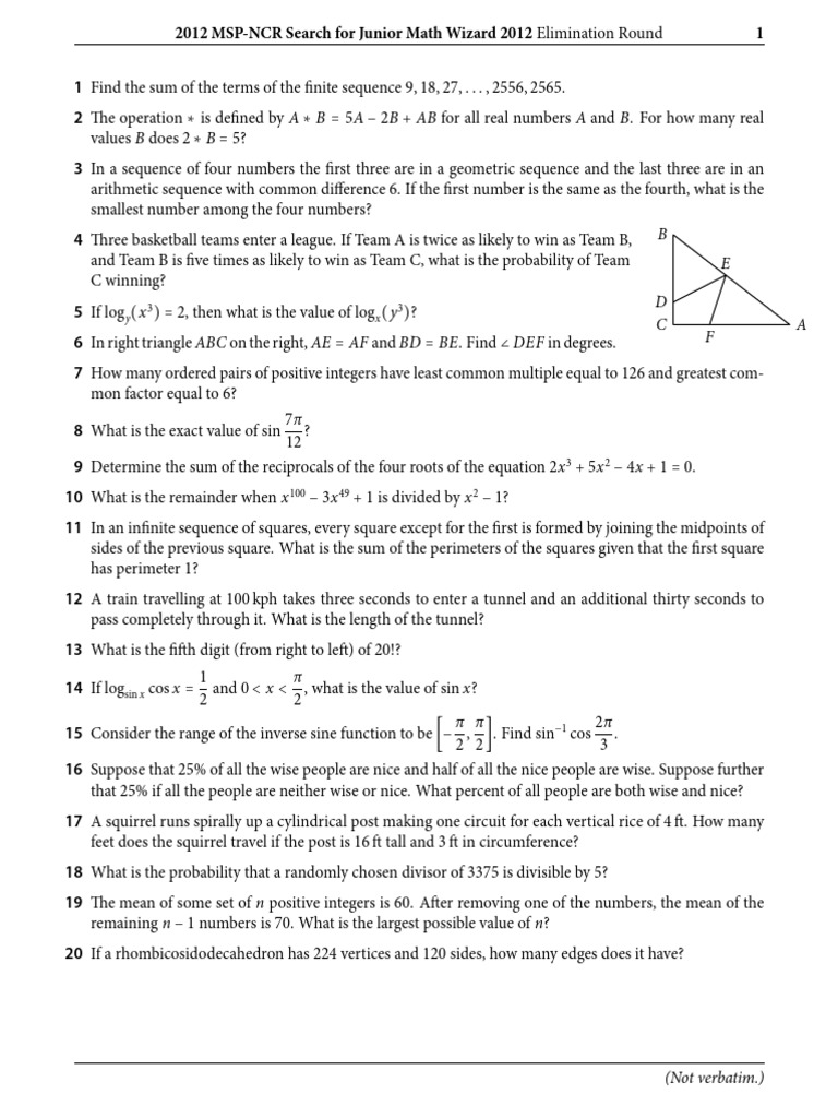 2012 Junior Math Wizard Elimination Problems | PDF | Numbers | Sequence