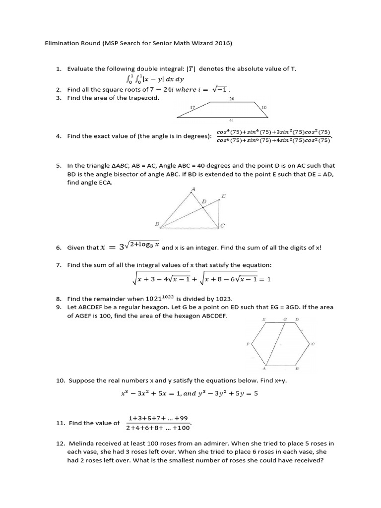 Elims MSP Math Wiz 2016 | PDF | Area | Triangle