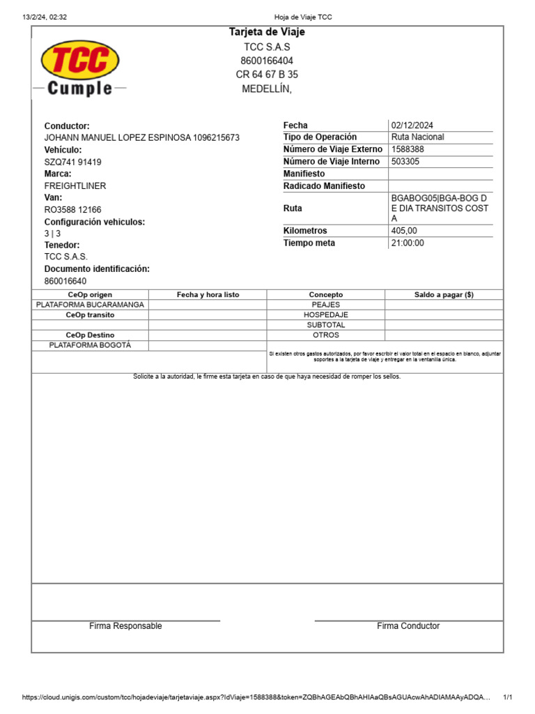 Hoja de Viaje TCC 91419 | PDF | Transporte