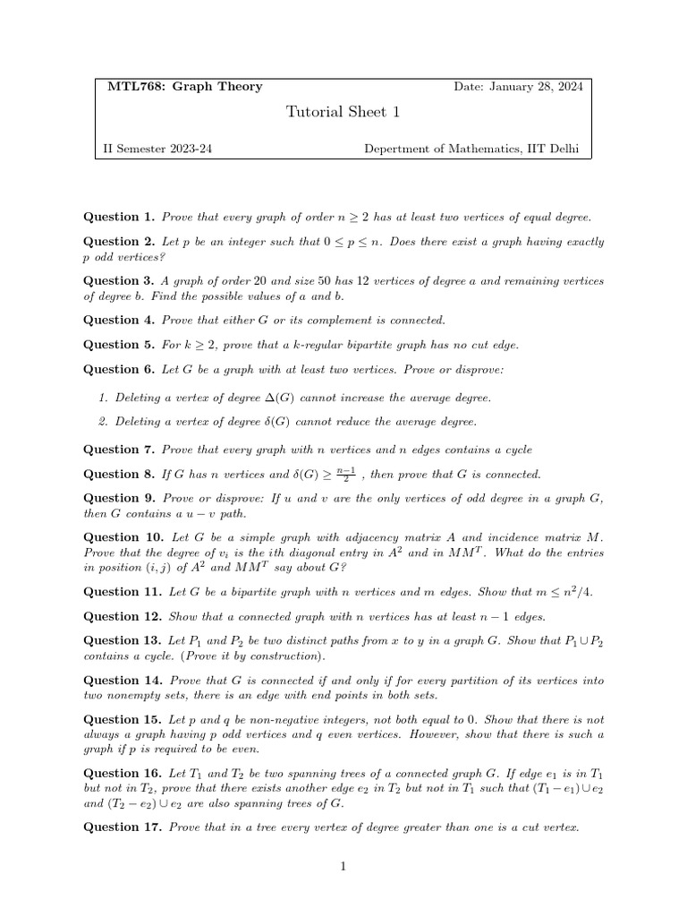 MTL768 Tutorial | Download Free PDF | Vertex (Graph Theory) | Graph Theory