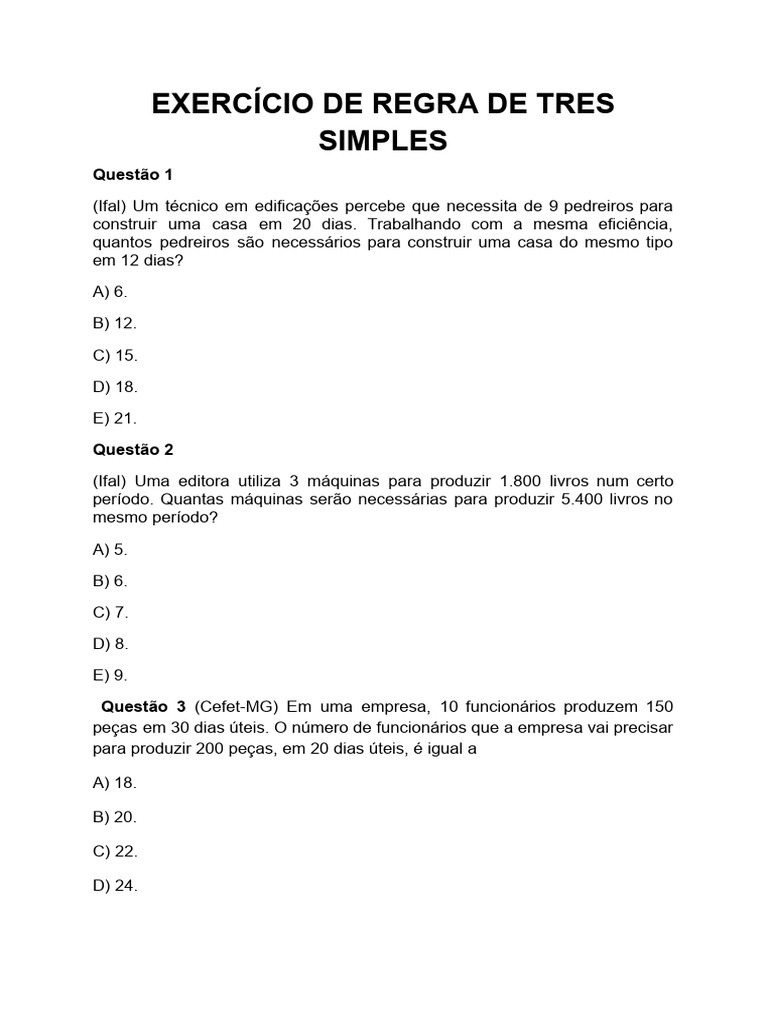 Exercício de Regra de Tres Simples | PDF