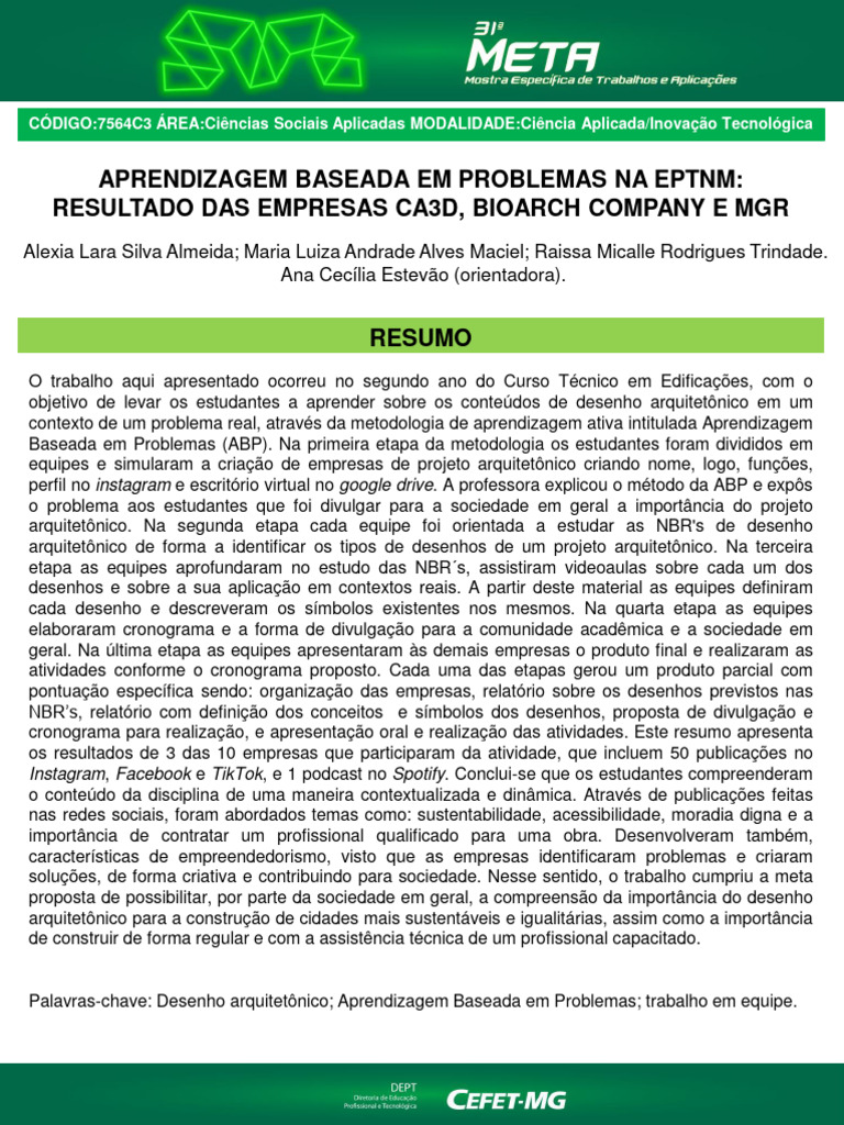 Resumo - APRENDIZAGEM BASEADA EM PROBLEMAS NA EPTNM RESULTADO DAS ...