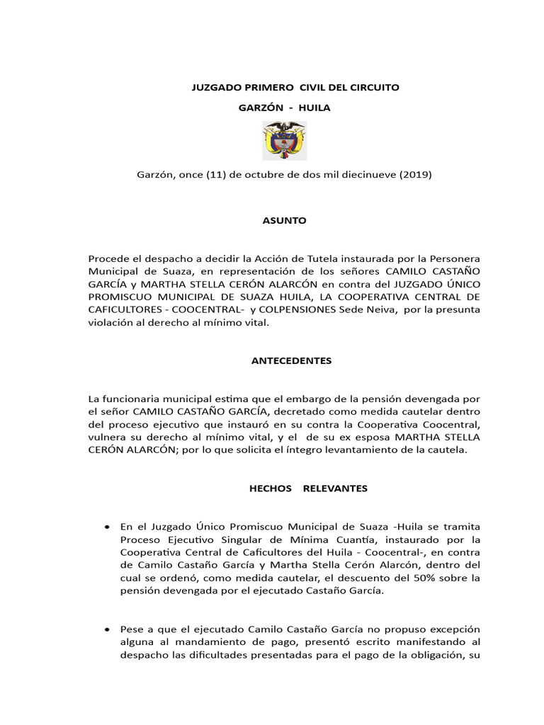 Camilo Castaño VS Juzgado Suaza-Otro | PDF | Caso de ley | Sentencia (ley)