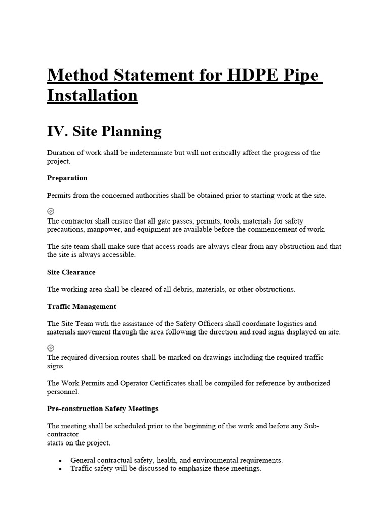 Method Statement For HDPE Pipe Installation | PDF