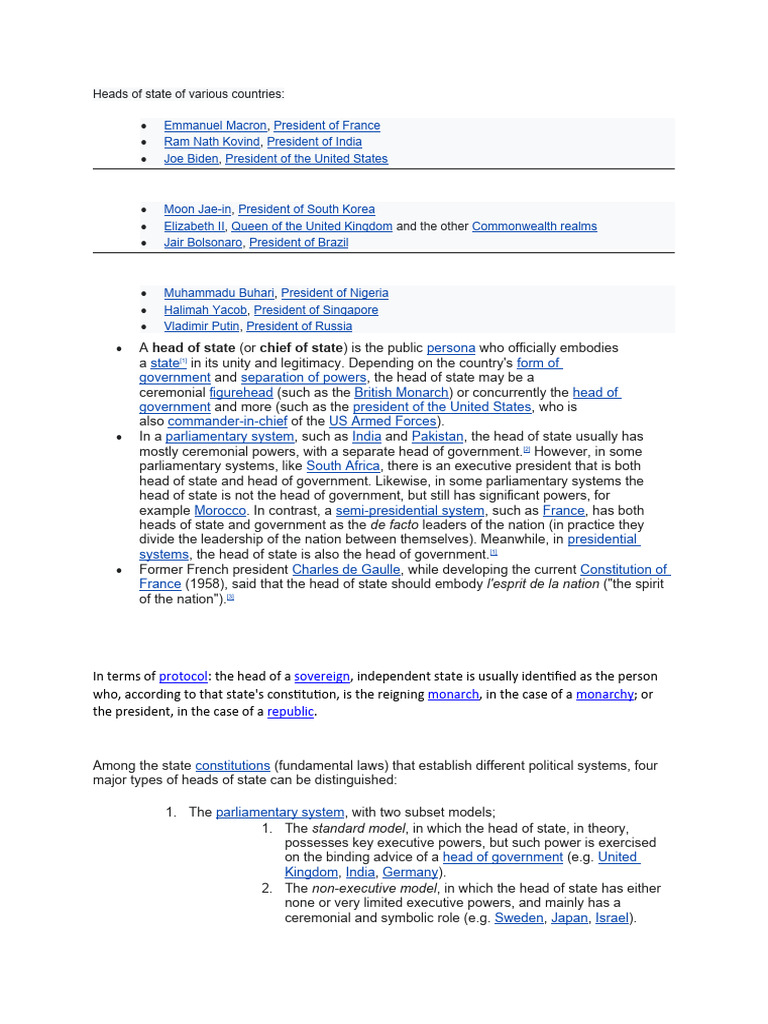 Global Heads of State Overview | PDF | Heads Of State | Governance