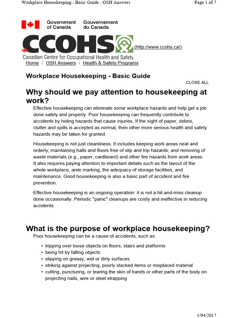 CCOHS - Workplace Housekeeping - Basic Guide | PDF | Housekeeping | Occupational Safety And Health