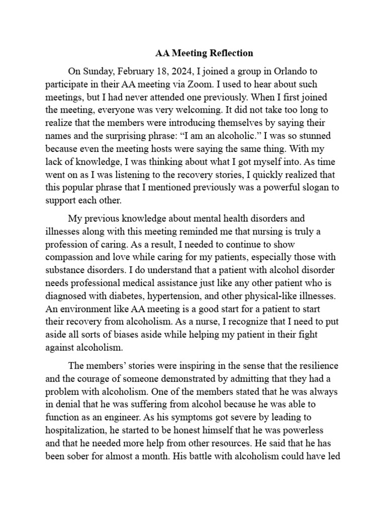 AA Meeting Reflection | PDF | Nursing | Mental Disorder
