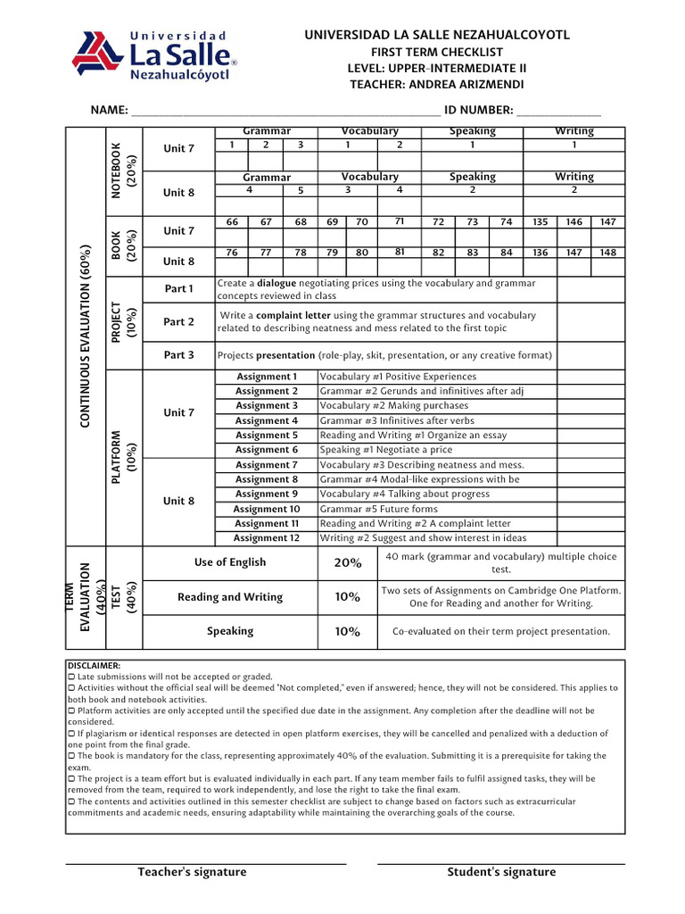 Upper-Intermediate II Term Checklist | PDF