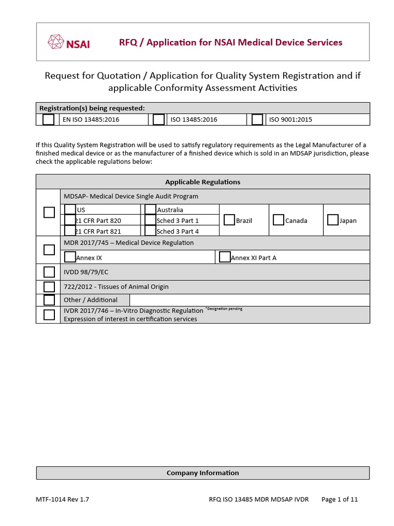 nsai报价表 | PDF | Medical Device | Quality Management System