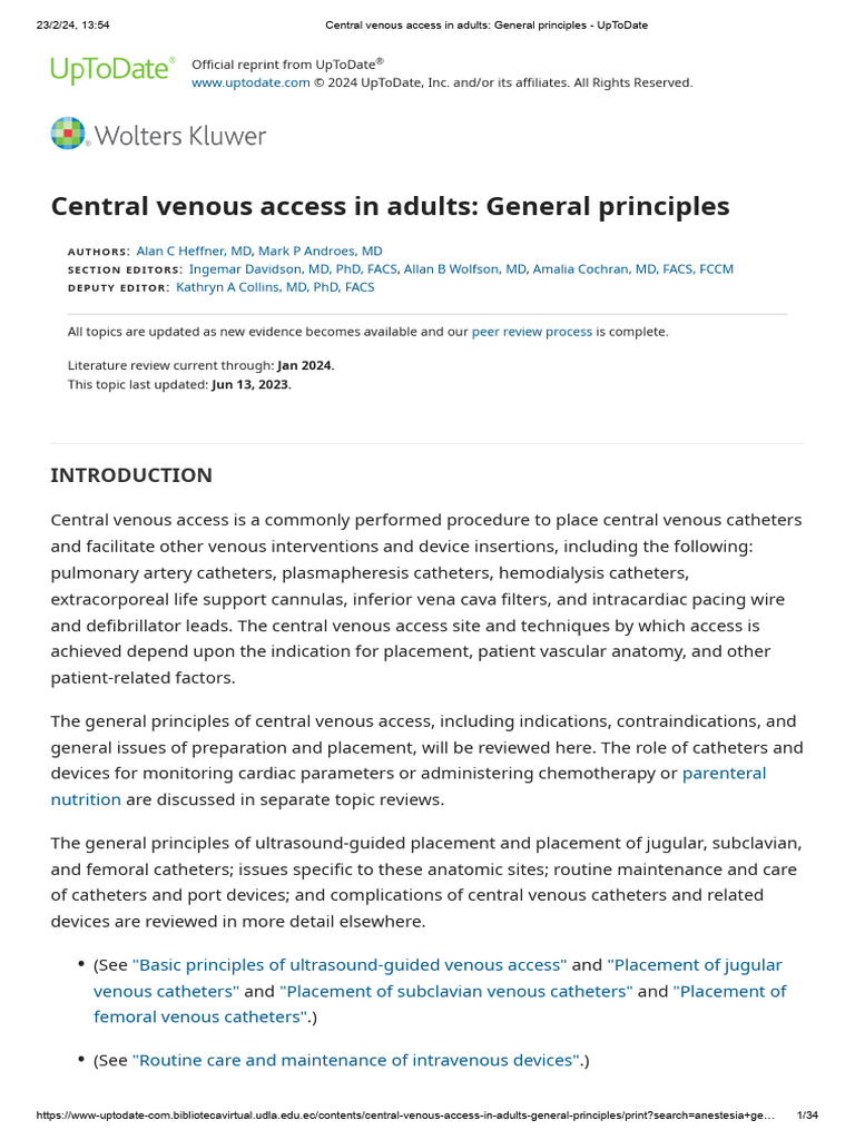 Central Venous Access in Adults - General Principles - UpToDate | PDF ...