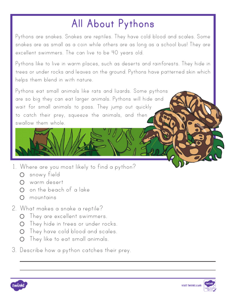 Pythons Differentiated Reading Comprehension Activity | PDF