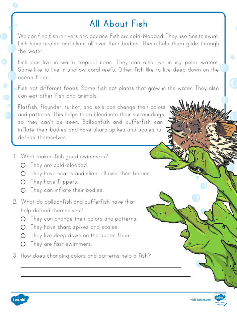 All About Fish Reading Passage Comprehension Activity | PDF