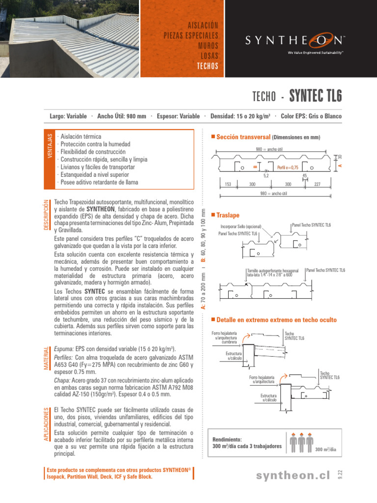 Ficha Técnica Techo Syntec TL6 | PDF | Acero | Aislamiento térmico