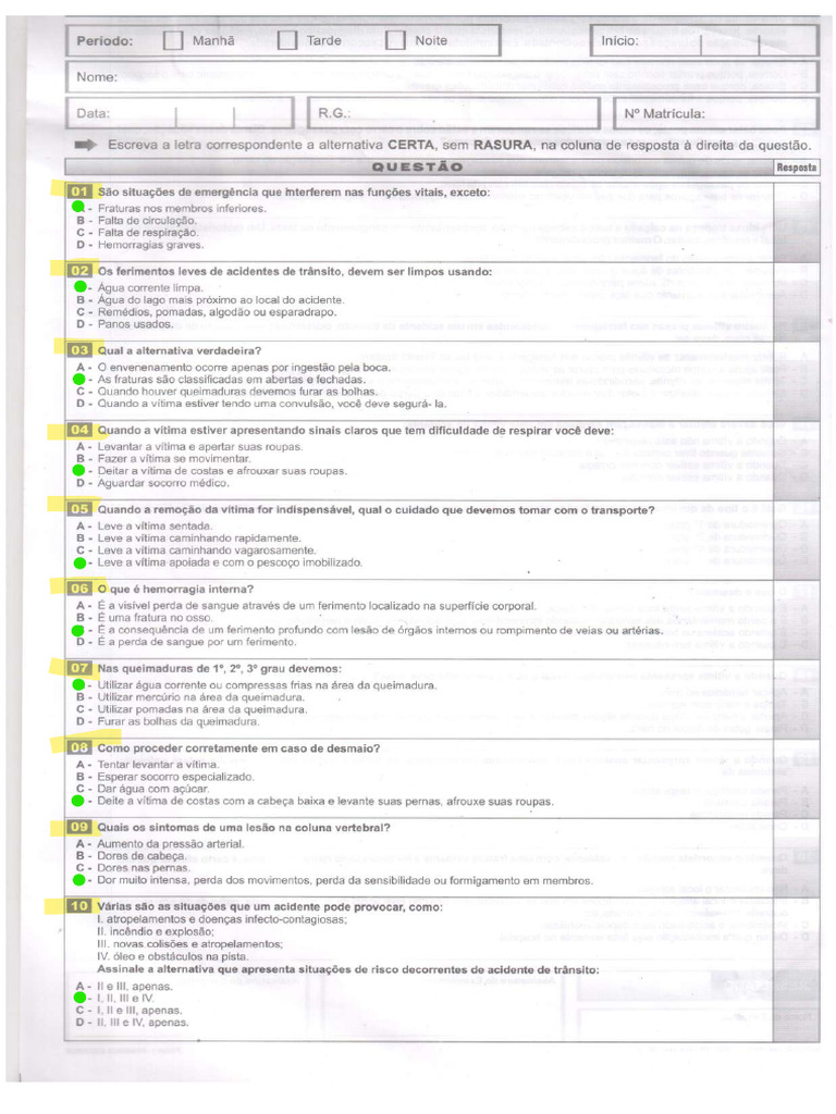 Primeiros Socorros Prova 1a 001 | PDF
