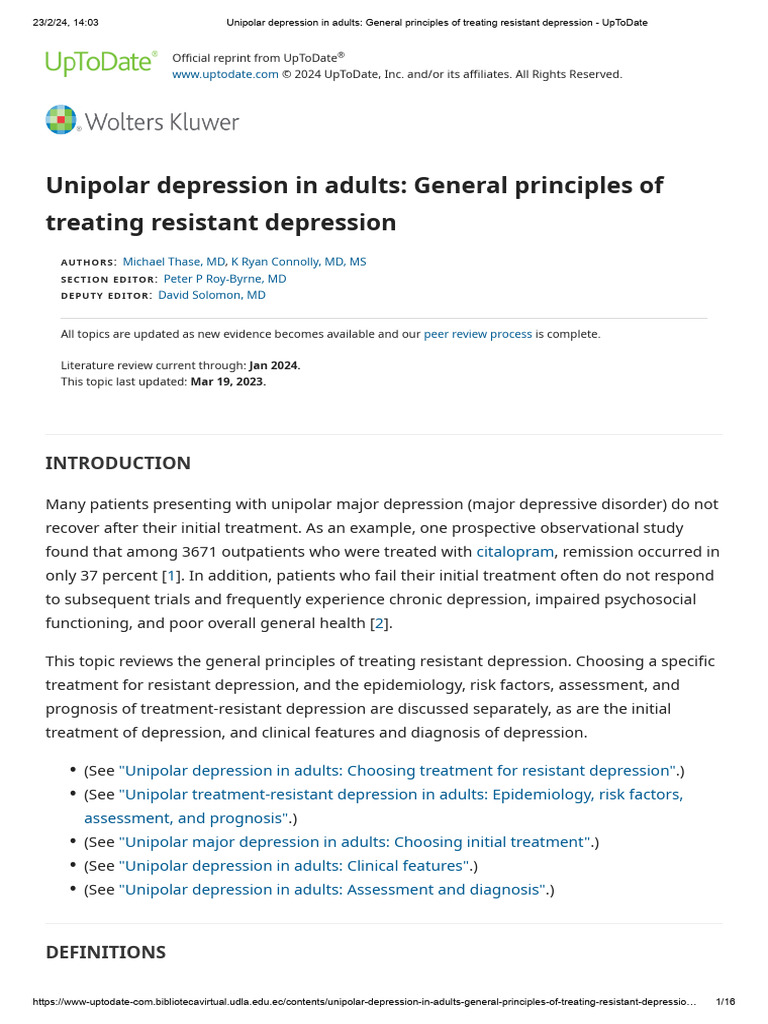 Unipolar Depression in Adults - General Principles of Treating ...