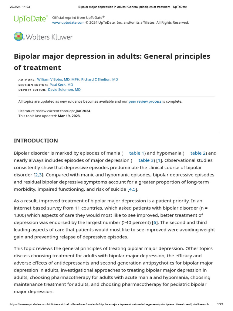 Bipolar Major Depression in Adults - General Principles of Treatment ...