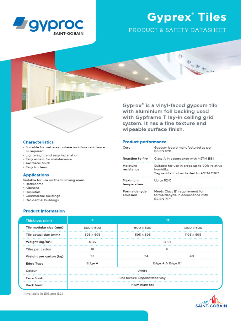 Gyprex Tiles Product Safety Datasheet | PDF | Drywall | Polyvinyl Chloride