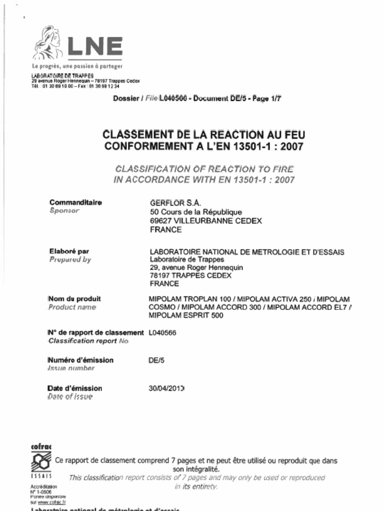 Gerflor Fire Certificate Mipolam Troplan en FR | PDF