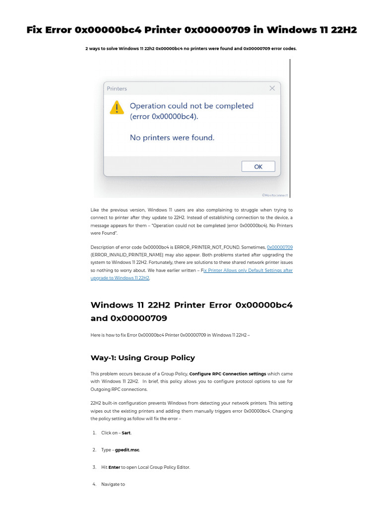 Fix Windows 11 Printer Errors 0x00000bc4 0x00000709 | PDF | Windows ...