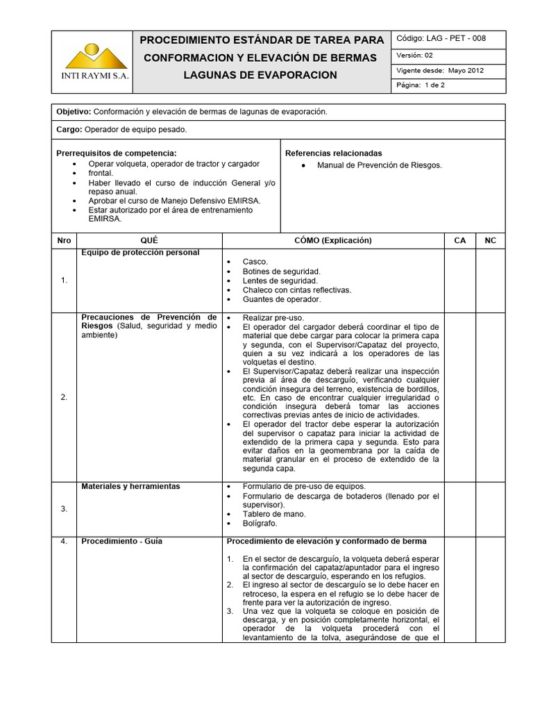 Lag-Pet-008 Conformacion y Elevación de Bermas Lagunas de Evaporacion | PDF