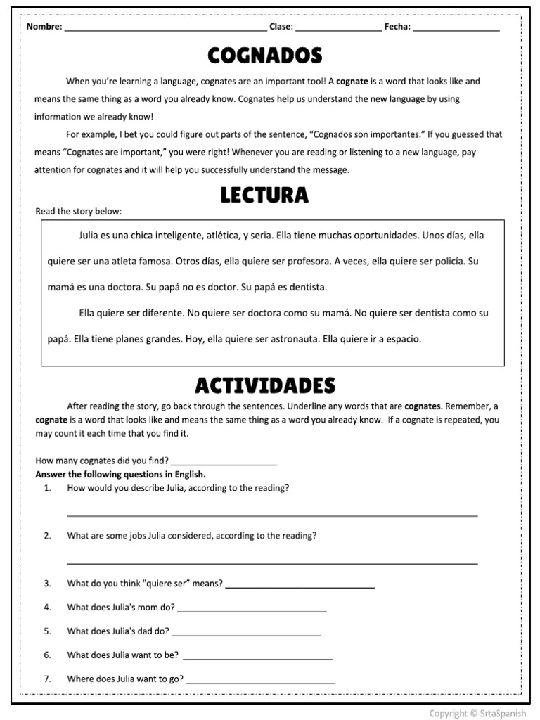 Cognates Reading Activity | PDF