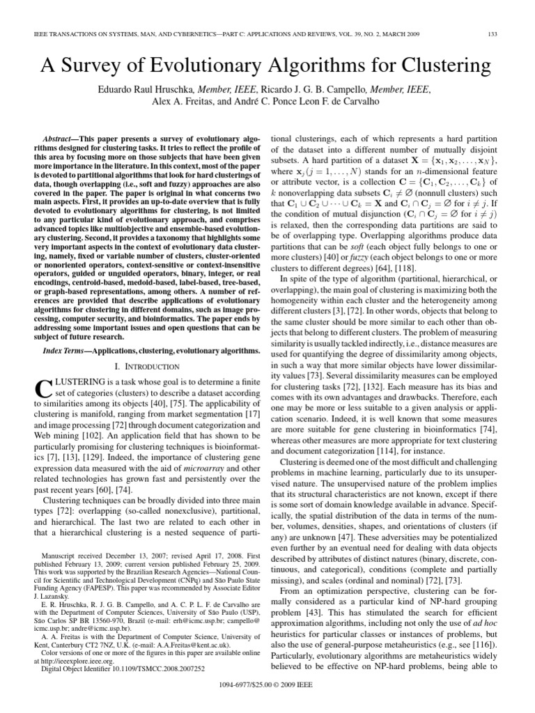 2009 A Survey of Evolutionary Algorithms For Clustering | PDF | Cluster Analysis | Evolution