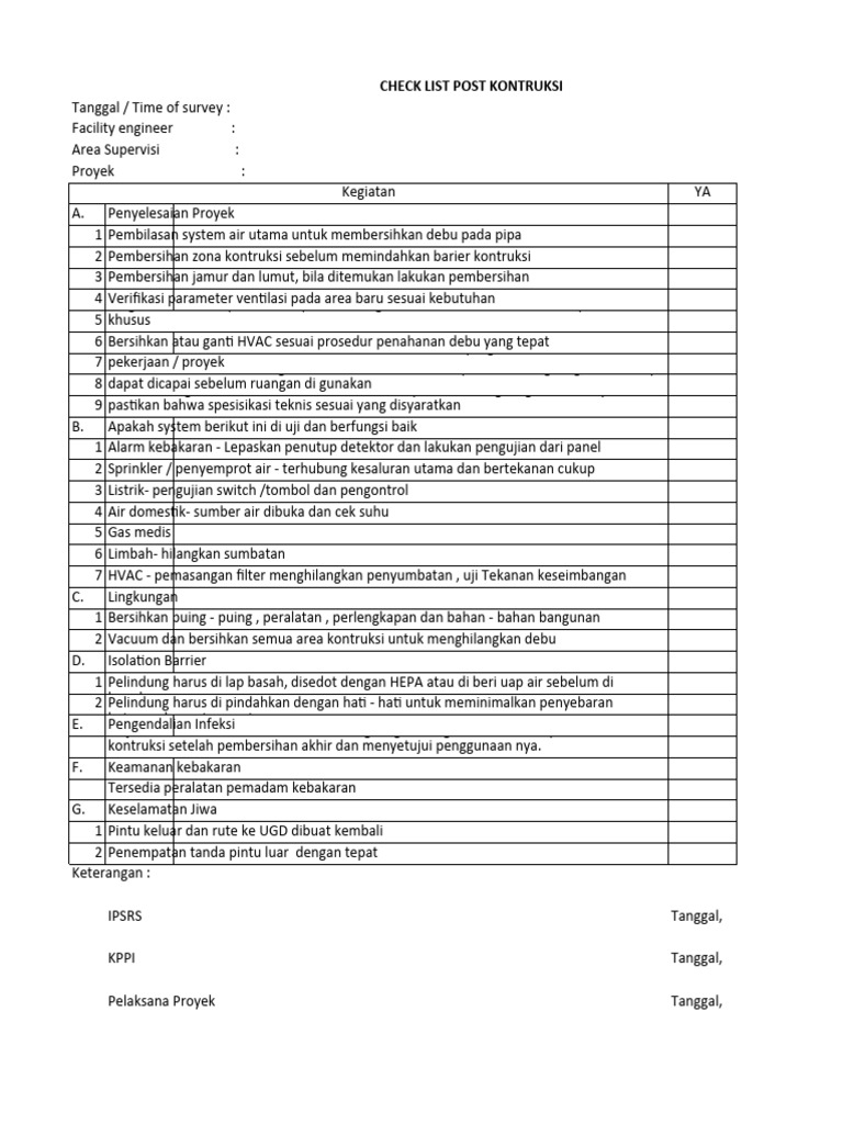 Checklist Post Konstruksi untuk Proyek Kesehatan | PDF | Griya & Taman ...