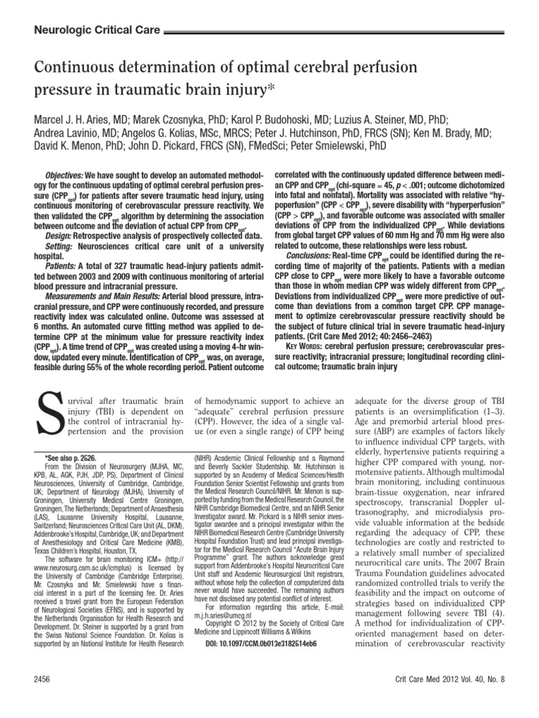 Continuous Determination of Optimal Cerebral Perfusion Pressure in ... Continuous Determination of Optimal Cerebral Perfusion Pressure in ...