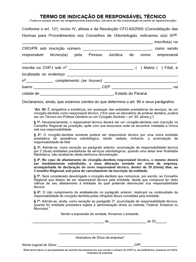 Indicação de Responsável Técnico Odontológico | PDF