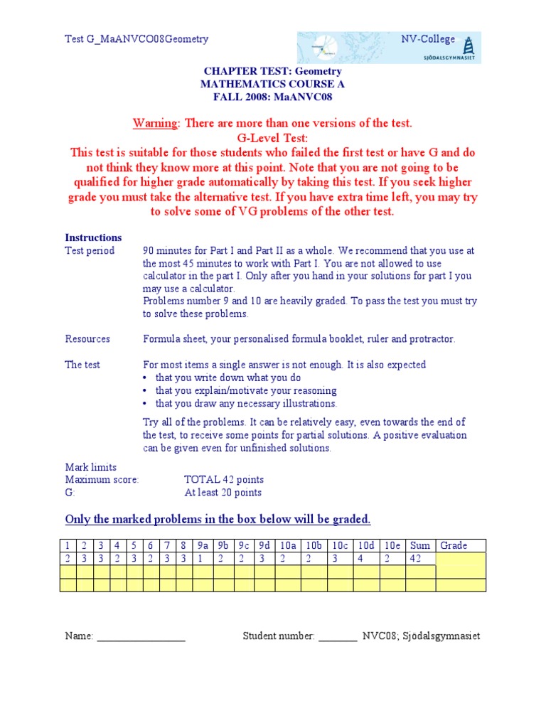 Chapter Test: Geometry Mathematics Course A Fall 2008: Maanvc08 | PDF ...