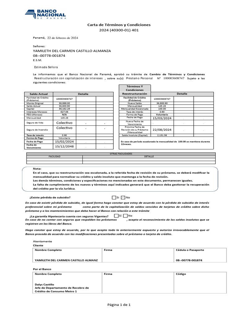 Carta de Términos y Condiciones Reestructuraciones Con Capitalización YAMILETH CASTILLO | PDF ...