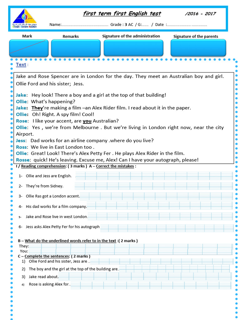 Test 1 Model 1 English 3ac First Term | PDF
