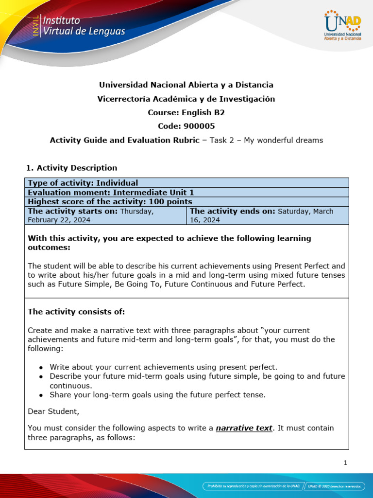 Activity Guide and Evaluation Rubric - Unit 1 - Task 2 - My Wonderful Dreams | PDF