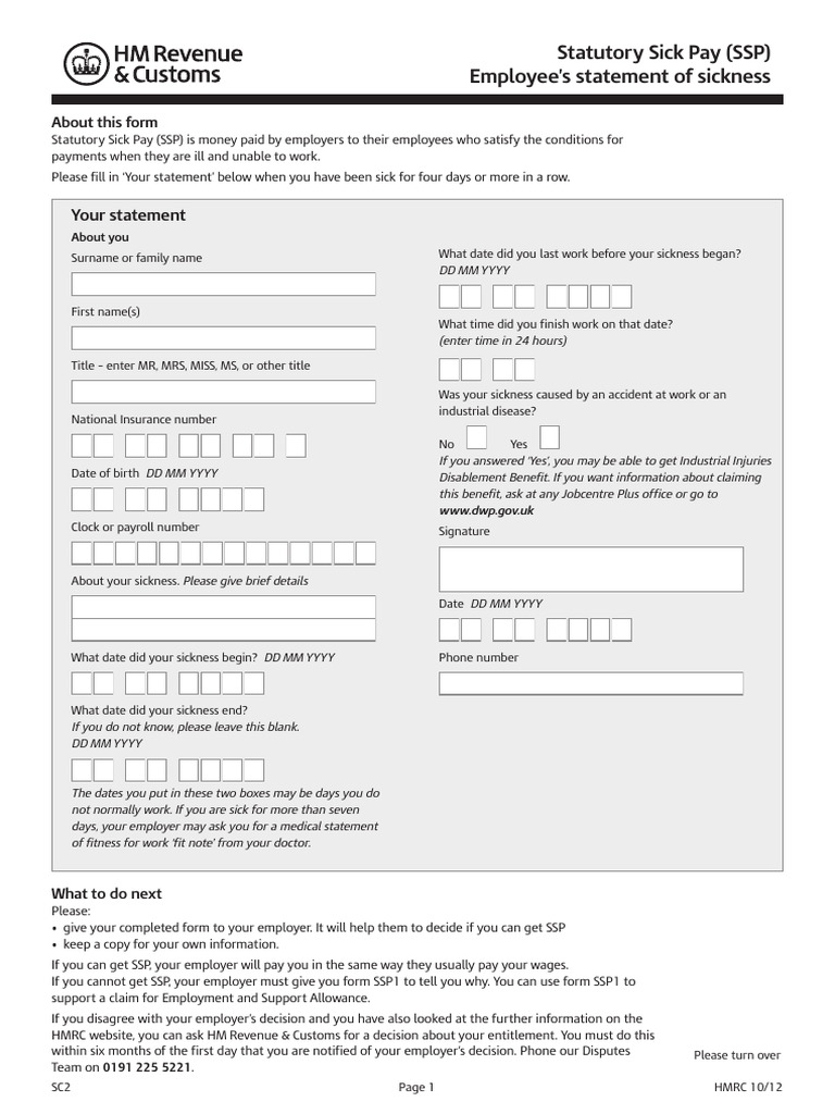 SC2 Form | Download Free PDF | Employment | Sick Leave