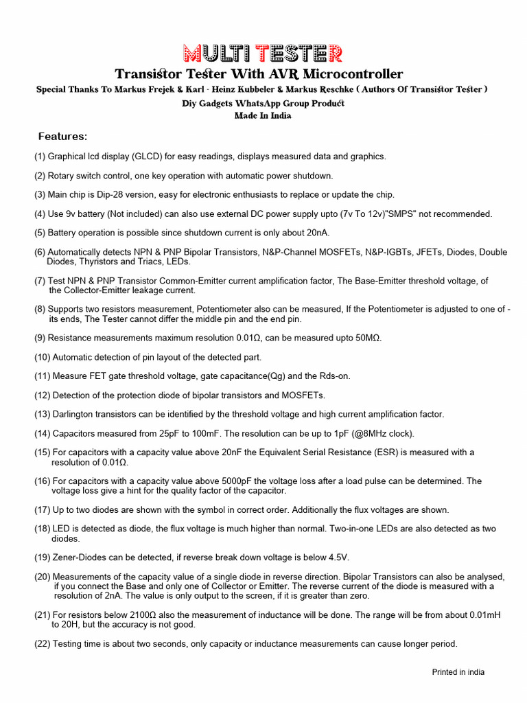 Multi Tester Specification | PDF | Capacitor | Transistor