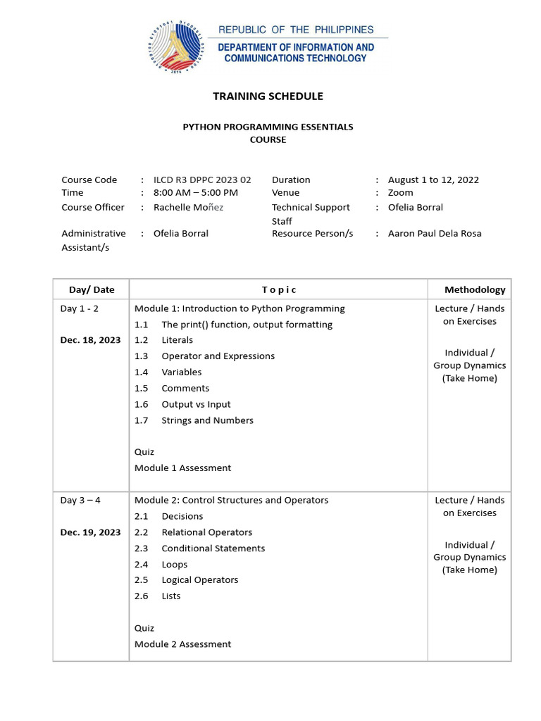 Training Schedule Python Programming Pdf Scope Computer Science Python Programming