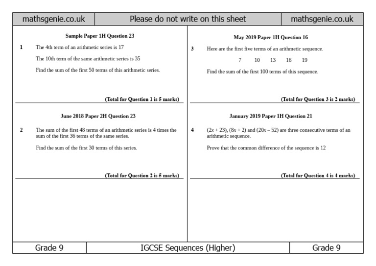 9 Igcse Sequences Higher Ws Pdf