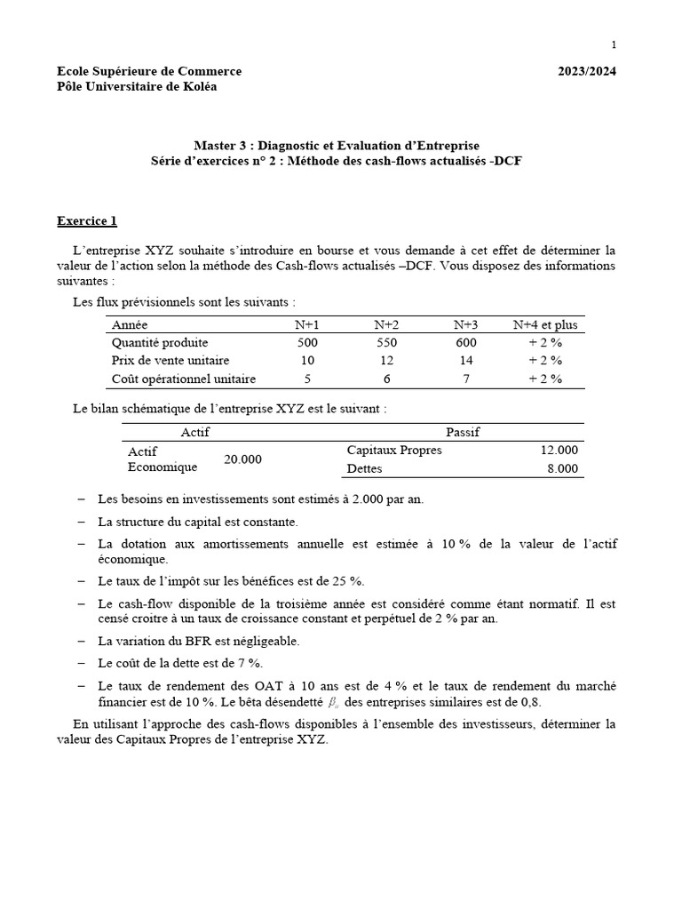 Série D'exercices DCF 2023-2024 | PDF | Capitaux propres | Revenu brut