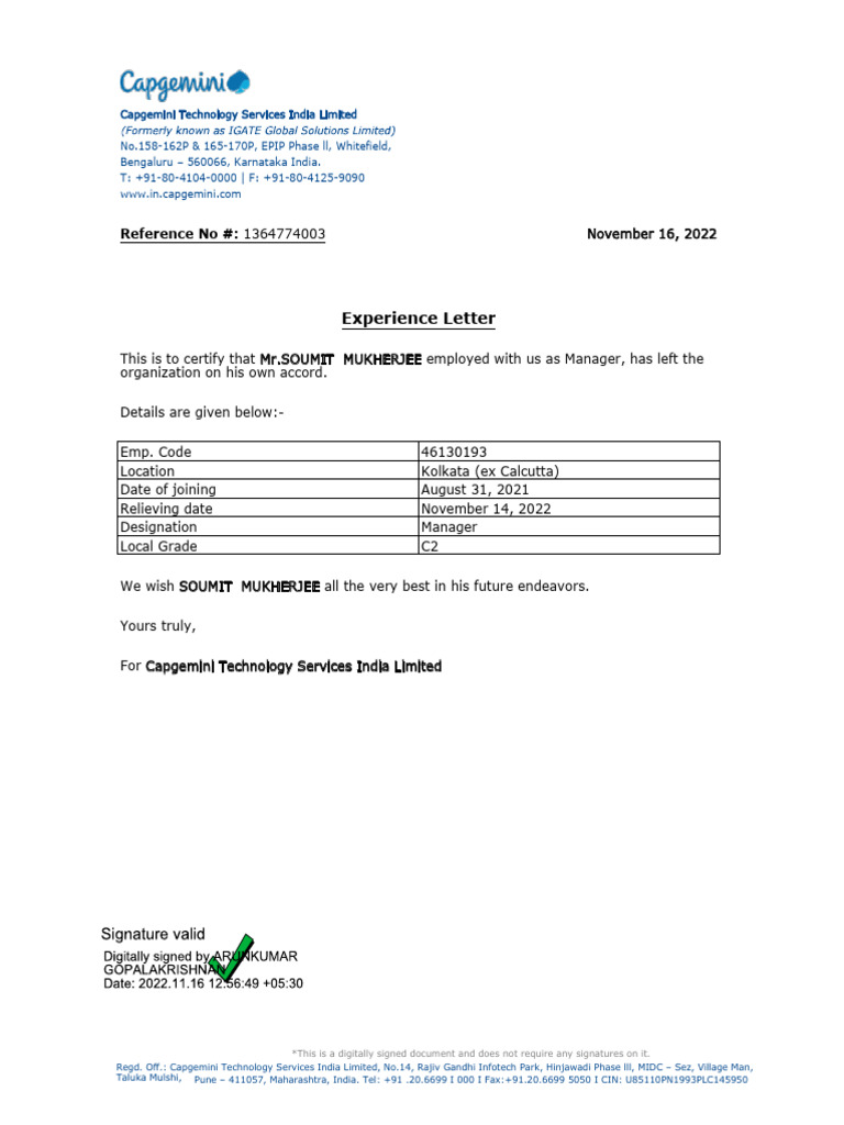 Capgemini Experience Letter | PDF