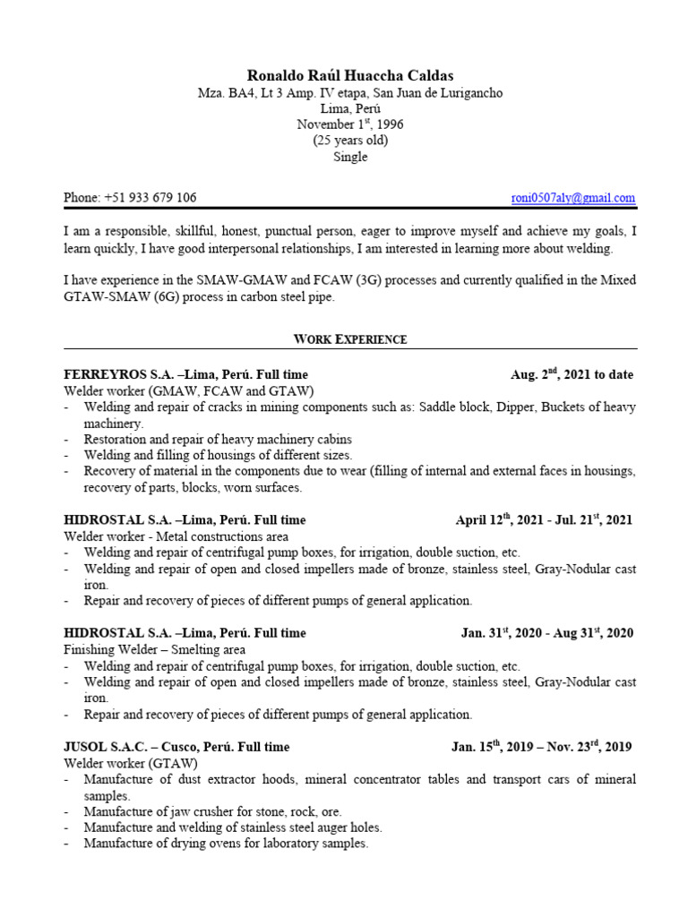 Experienced Welder Resume - Lima, Peru | PDF | Welding | Construction